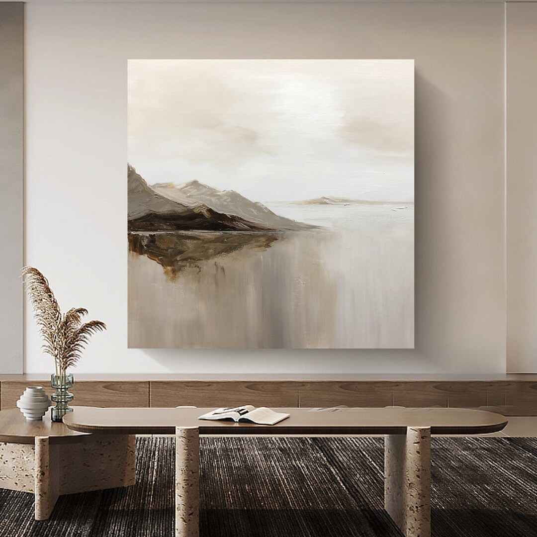 Large Beige and Brown Abstract Wall Art Square Landscape Painting Beige ...