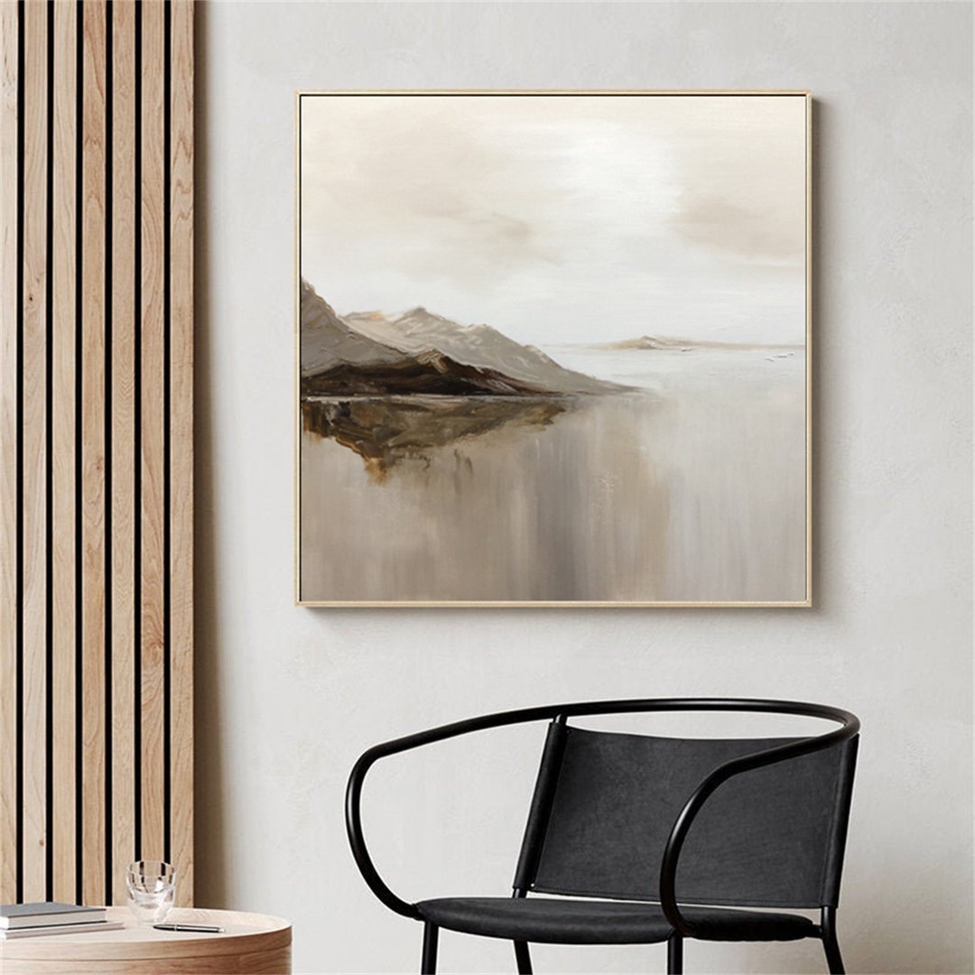 Large Beige and Brown Abstract Wall Art Square Landscape Painting Beige ...
