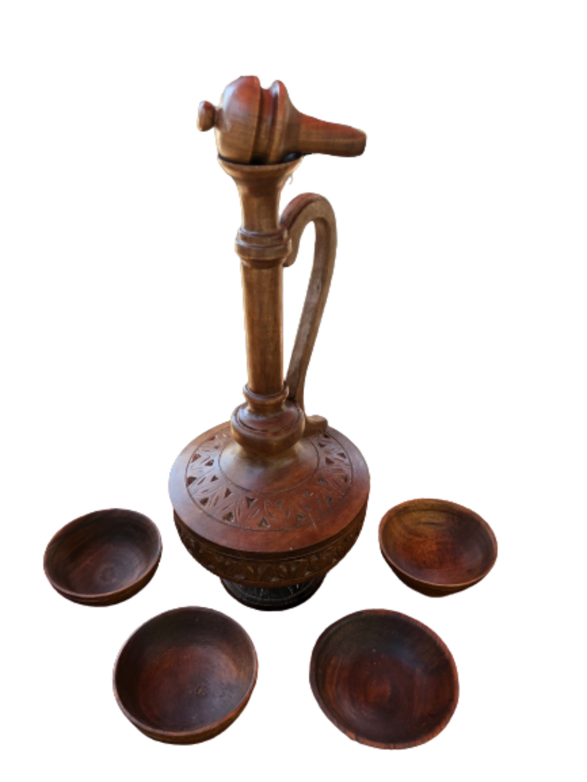 Wooden Pitcher With 4 Wood Bowls, Wooden Pitcher, Wooden Jug, 100% ...