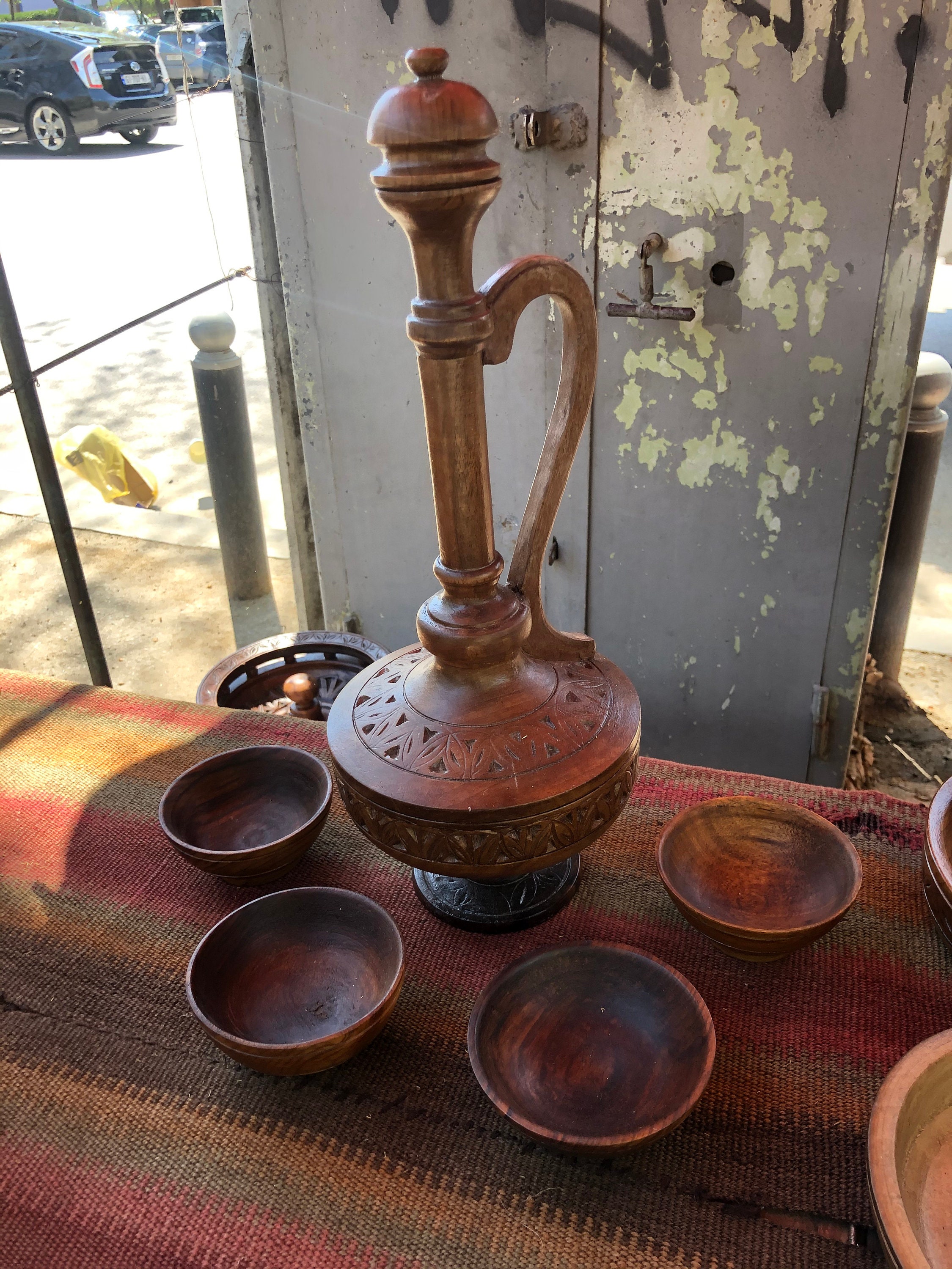 Wooden Pitcher With 4 Wood Bowls, Wooden Pitcher, Wooden Jug, 100% ...