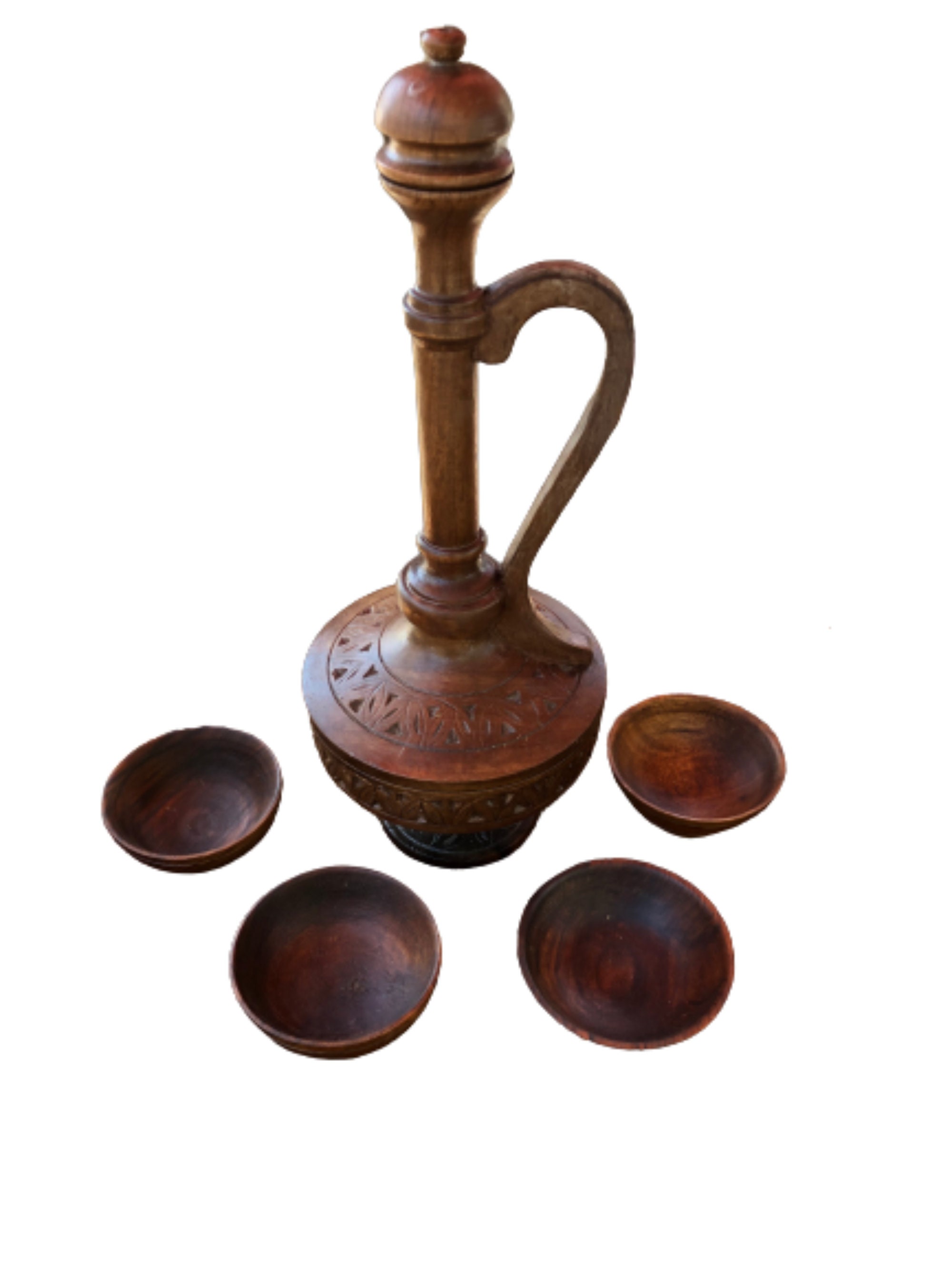 Wooden Pitcher With 4 Wood Bowls, Wooden Pitcher, Wooden Jug, 100% ...