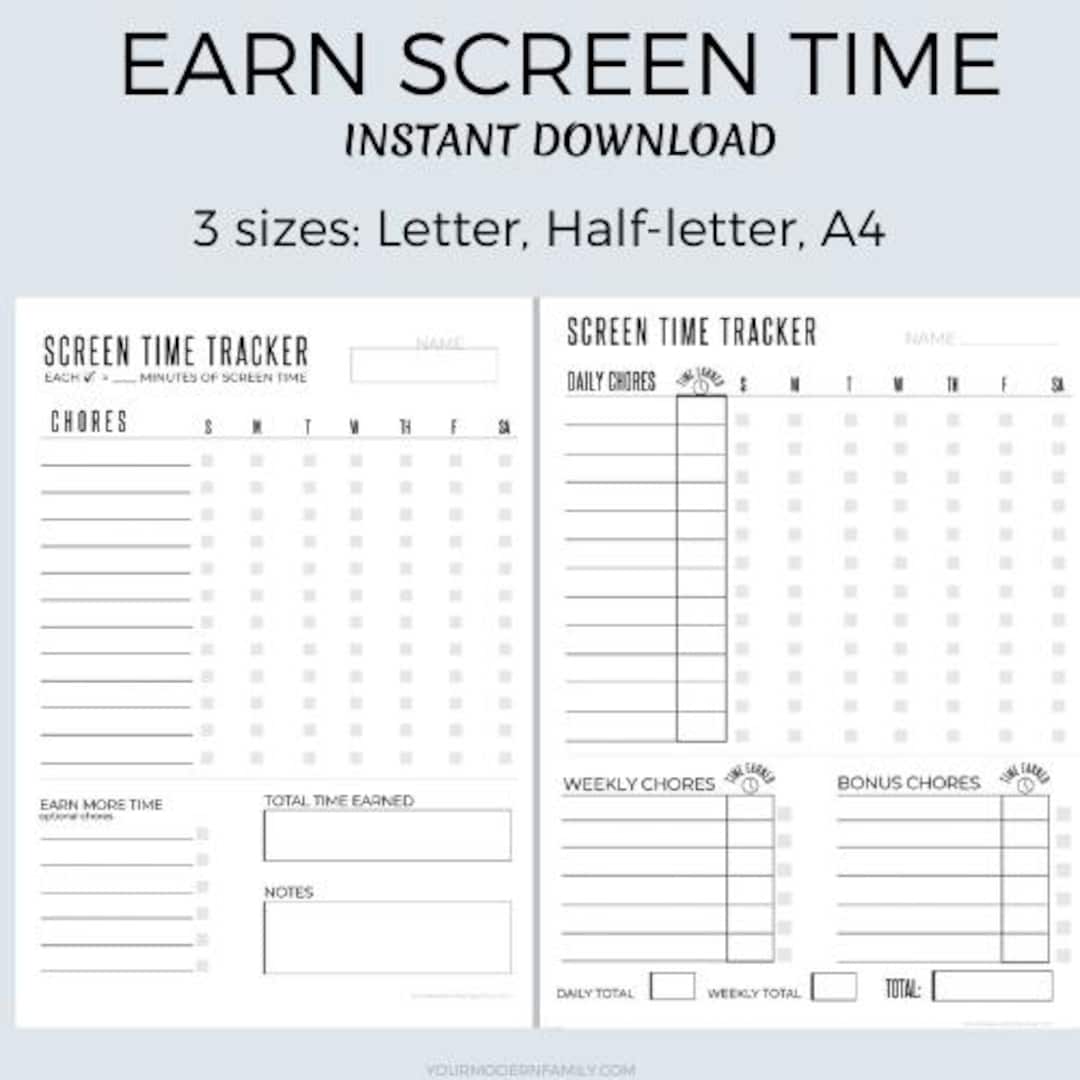 Screen Time Chore Chart, Earn Screen Time Checklist for Kids ...