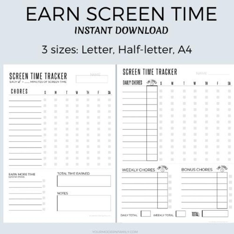 Screen Time Chore Chart, Earn Screen Time Checklist for Kids ...