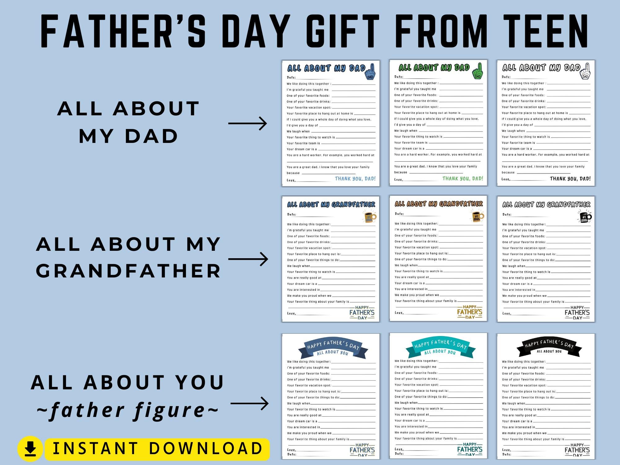 Father's Day Questionnaire, All About Dad, Grandpa Gift (digital ...