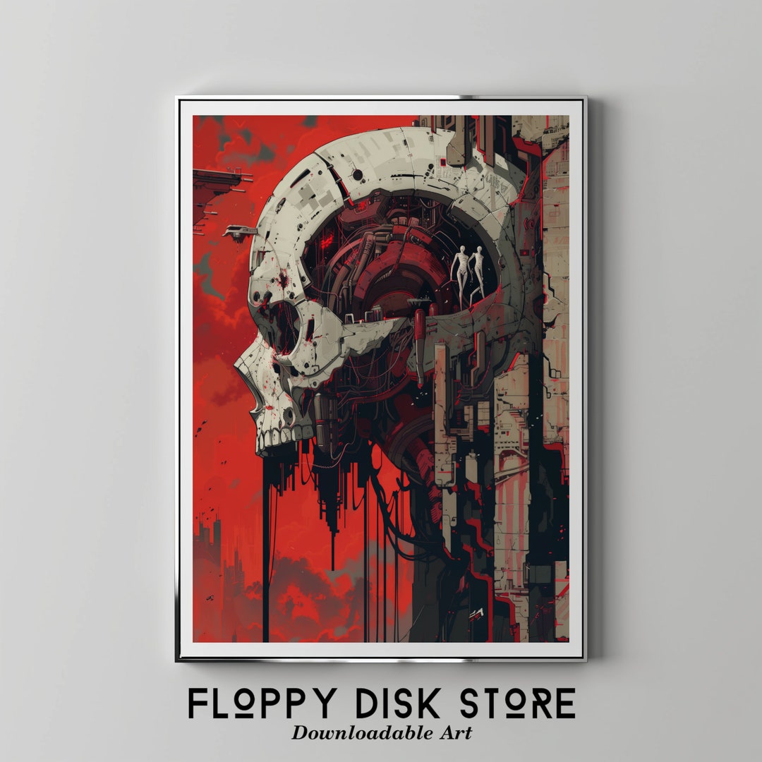 Anime Illustration of A Decaying Human Robotic Head | Floppy Disk Store ...