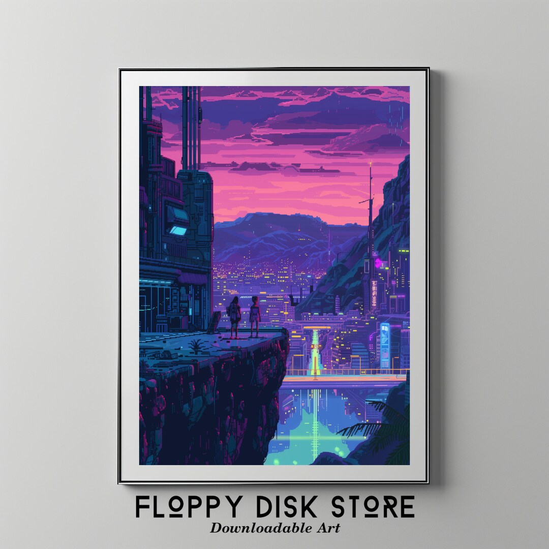 Two Kids Overlooking Futuristic Neon City | Floppy Disk Store ...