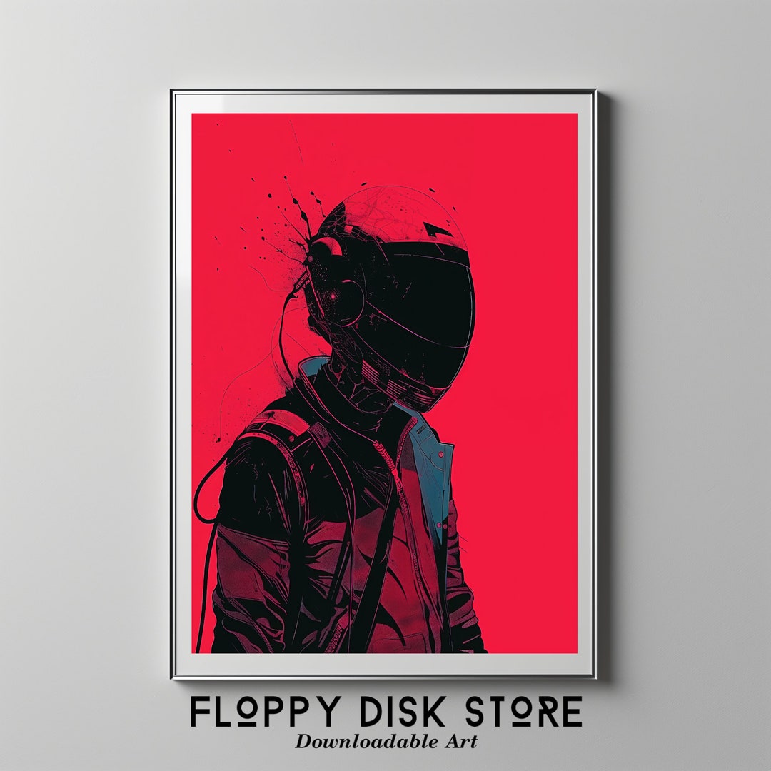 Cyberpunk Character in Black Helmet & Red Jacket | Floppy Disk Store ...