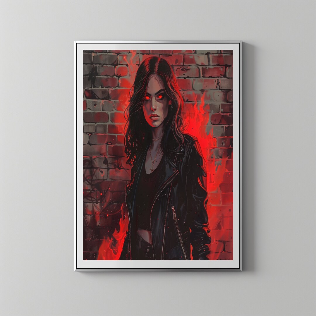 Woman With A Neckless in Black Leather Jacket and Red Eyes Standing in ...