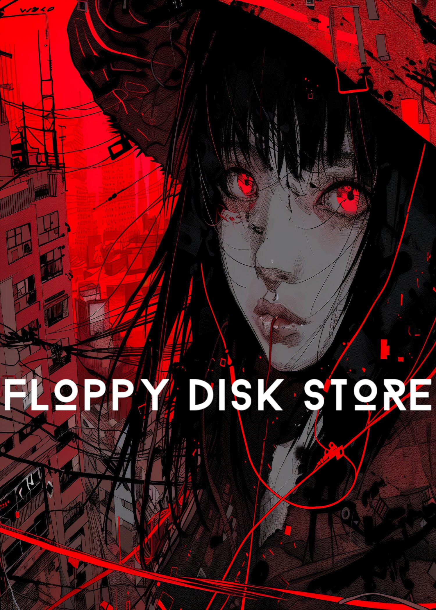 Anime Girl With Red Eyes and Urban Background | Floppy Disk Store ...