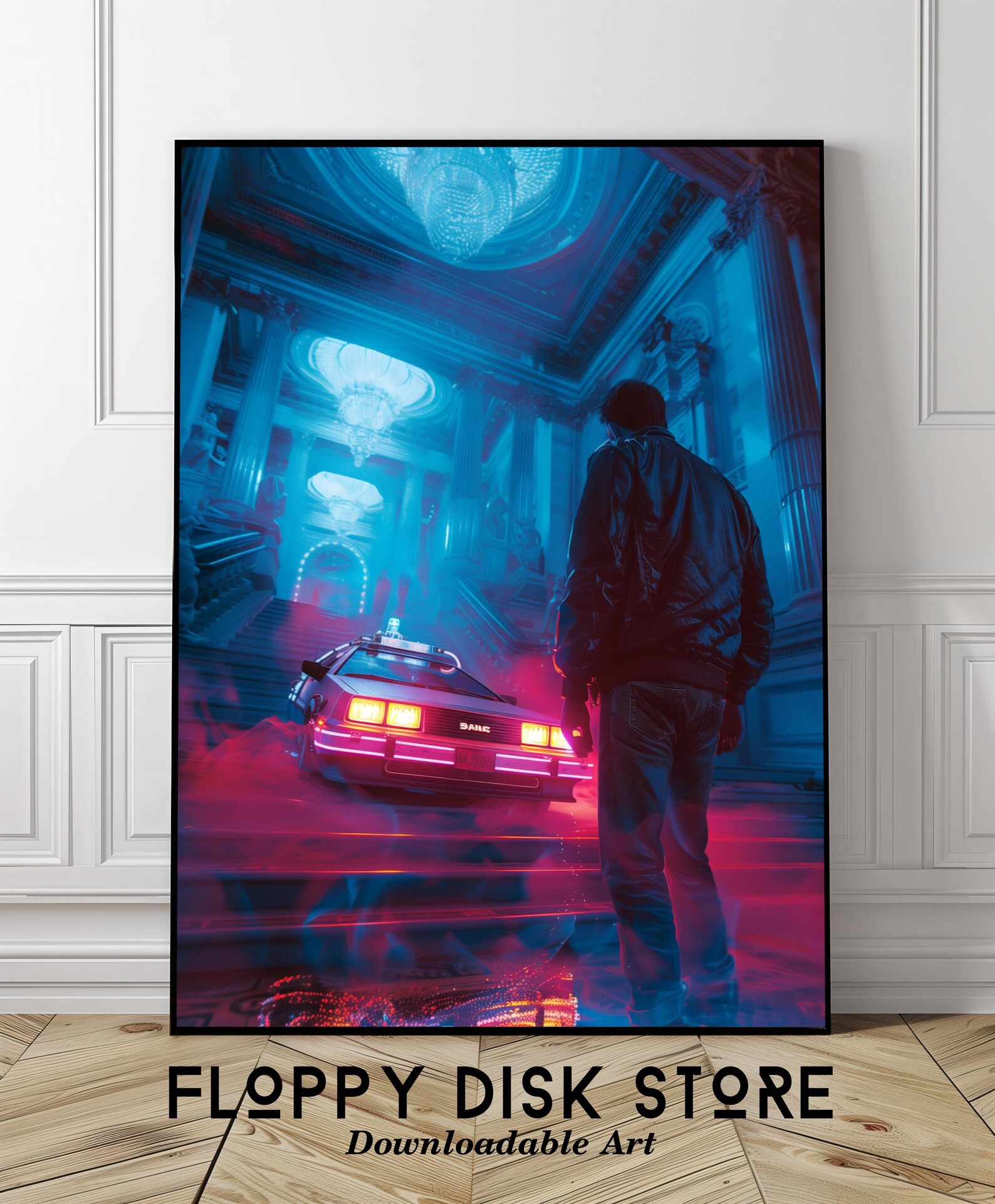 Movie Poster With Neon Installations, Neoclassical Scenes of A Car on ...