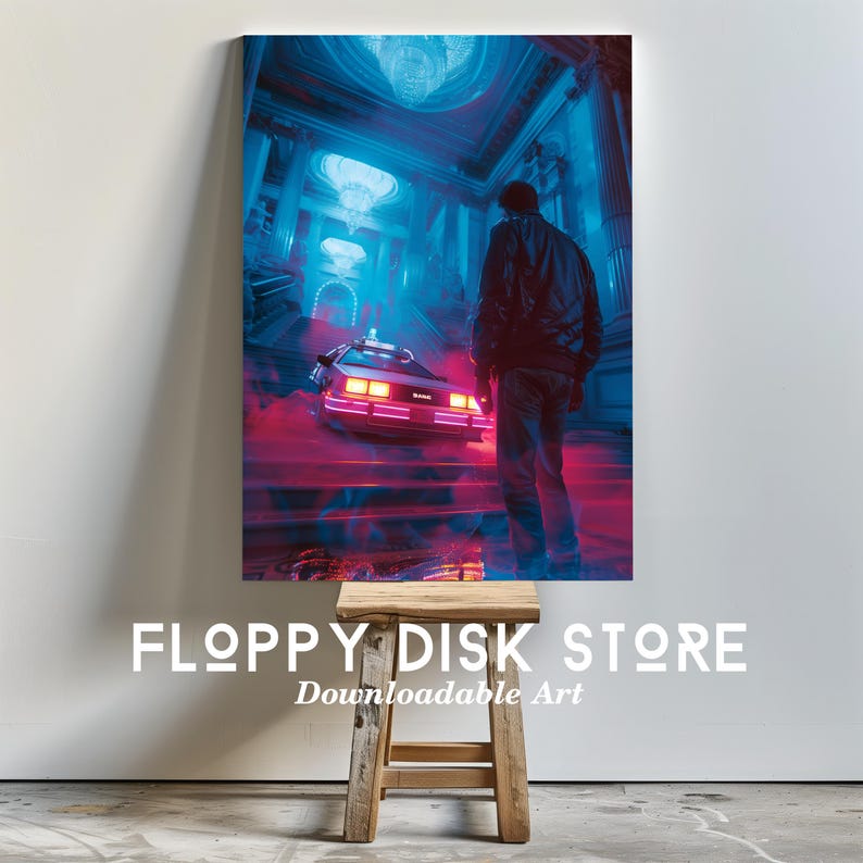 Movie Poster With Neon Installations, Neoclassical Scenes of A Car on ...