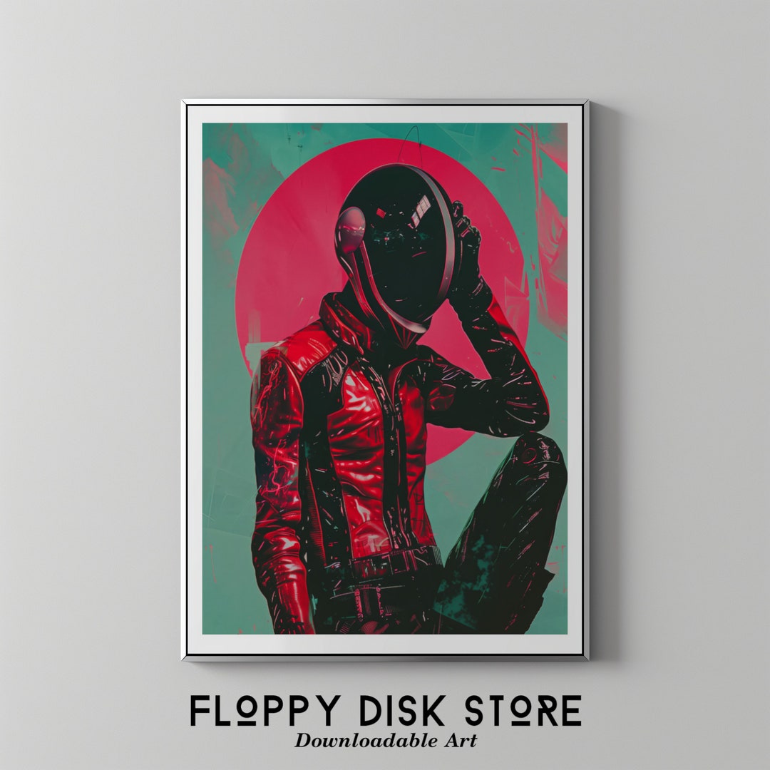 Cyberpunk Character in Red Jacket & Black Helmet | Floppy Disk Store ...