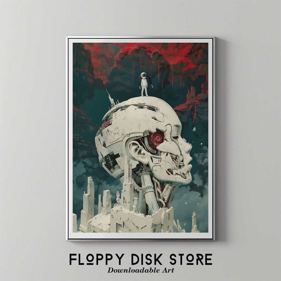 Anime Illustration of A Human Robotic Head in A Decaying Cave | Floppy ...