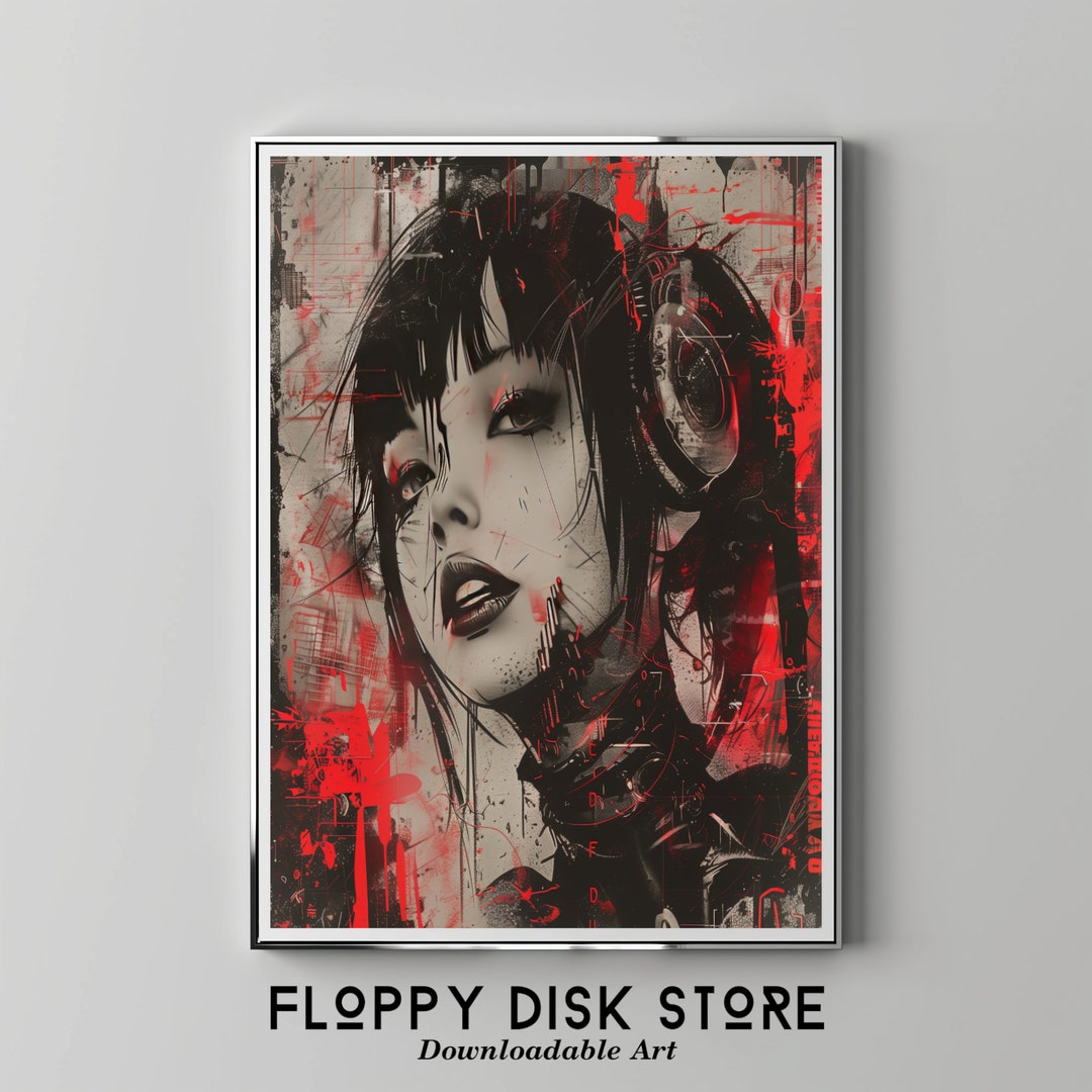 Illustration of A Cyberpunk Anime Girl With Grey Headphones | Floppy ...