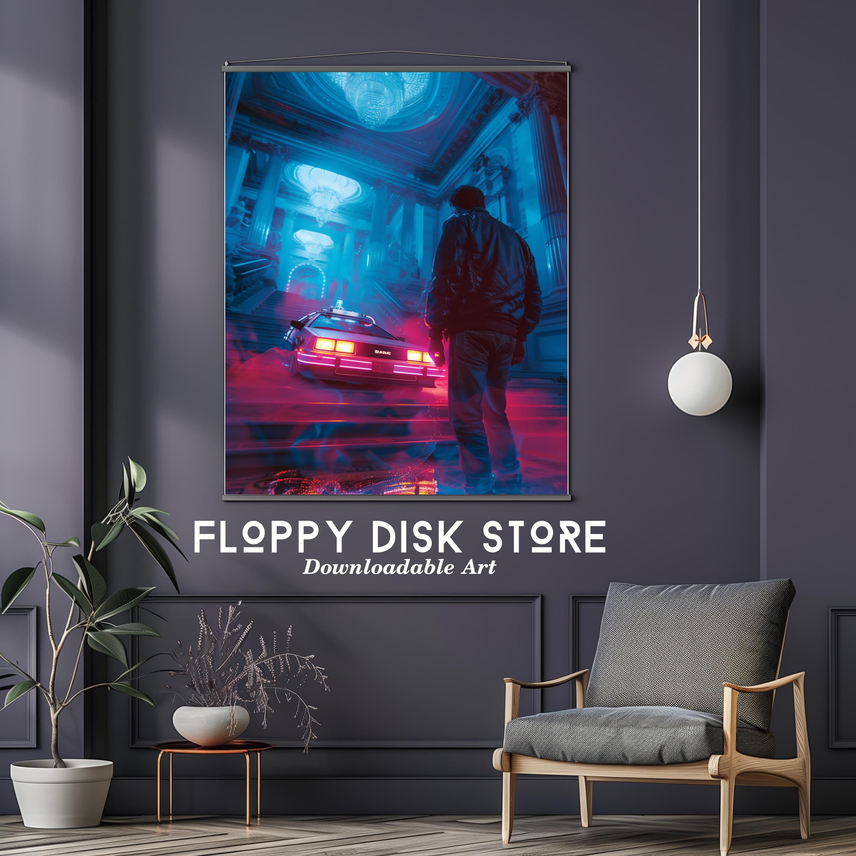 Movie Poster With Neon Installations, Neoclassical Scenes of A Car on ...