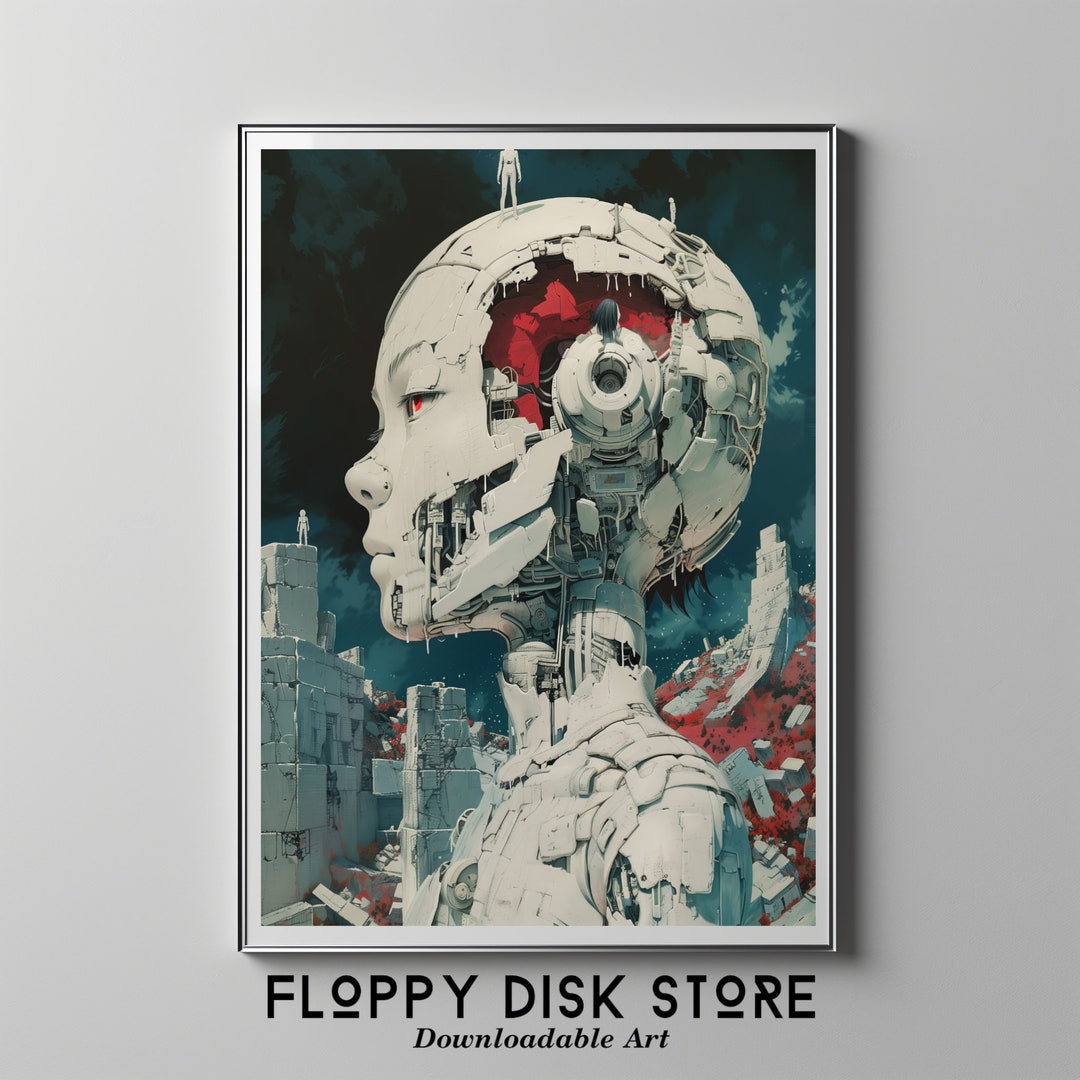 Anime Illustration of A Human Head in A Decaying City | Floppy Disk ...