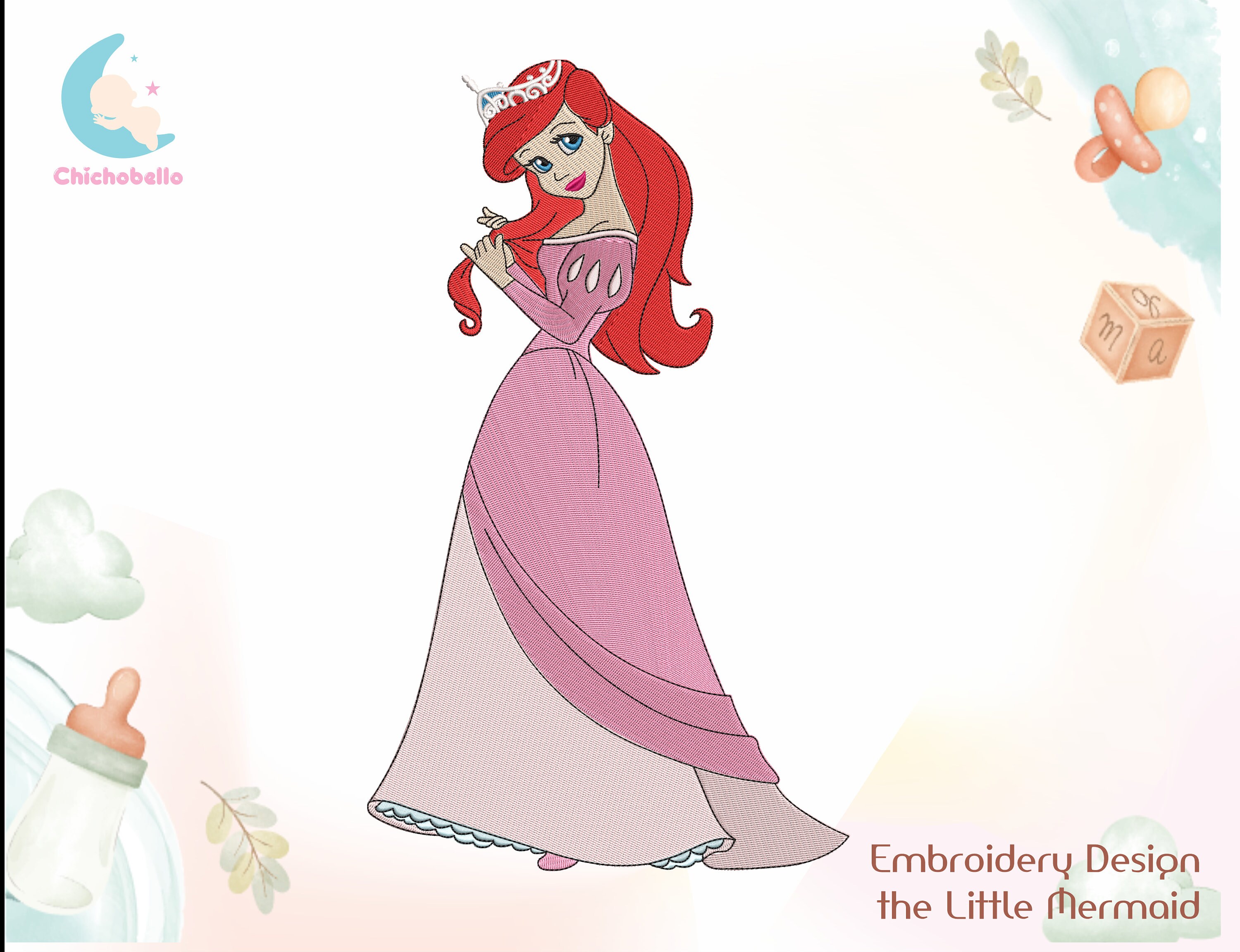 Ariel Mermaid Embroidery Design Machine. Automatic Embroidery Design - Etsy