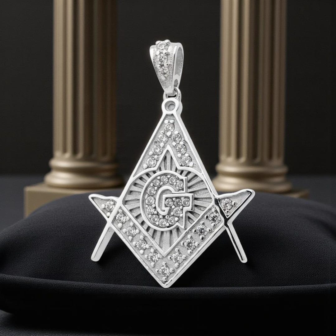 Masonic Square and Compasses Pendant, 925 Sterling Silver, Gemstones ...