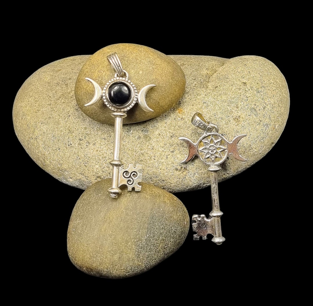 Wicca Triple Goddess Key Pendant 6 Cm 12 Gr in 925 Silver With Black ...