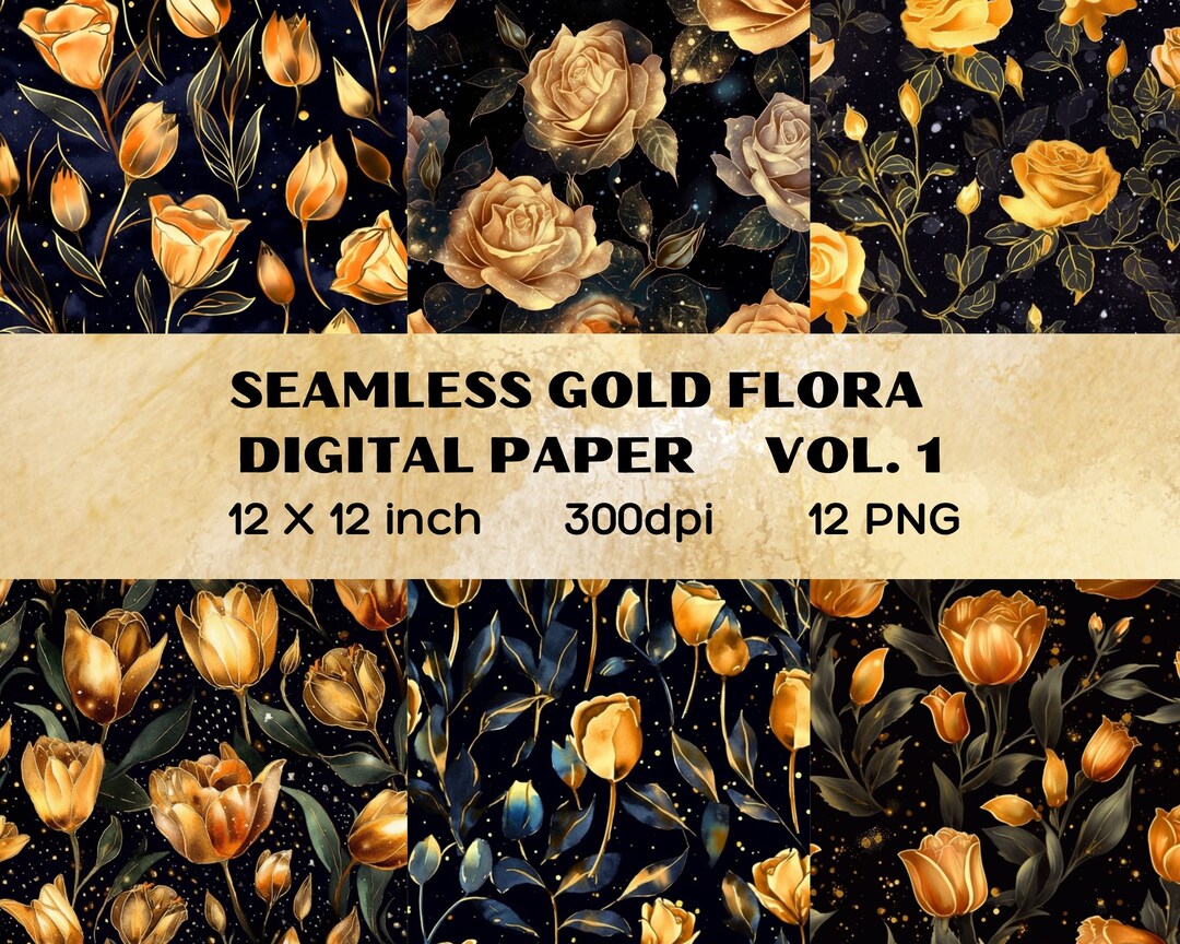 Watercolor Gold Flora Digital Paper, Vol.1,flower Seamless Pattern ...