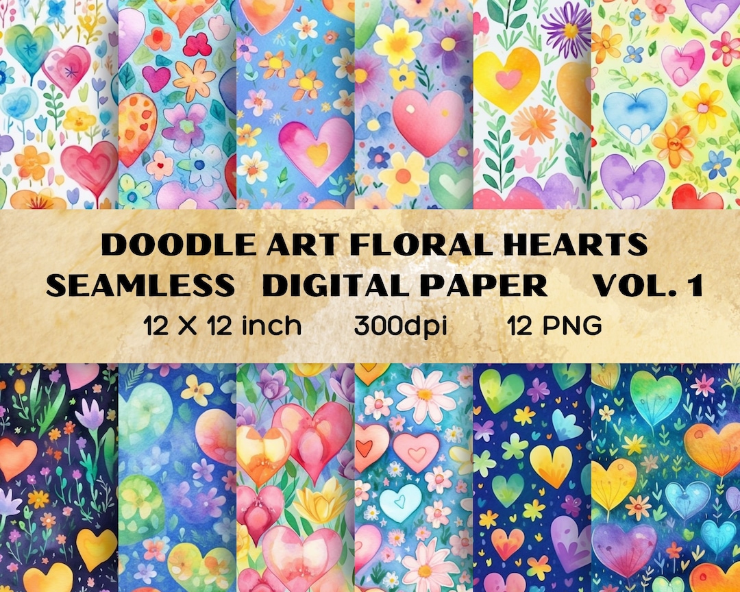 Doodle Art Flower & Hearts Seamless Digital Paper Vol.1, Watercolor ...