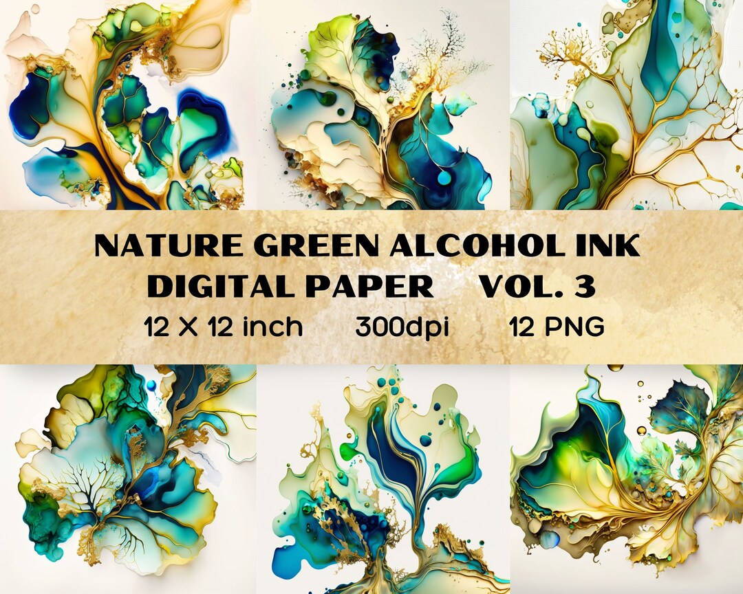 Nature Green Alcohol Ink Digital Paper V3, Gold Glittering Alcohol Ink ...