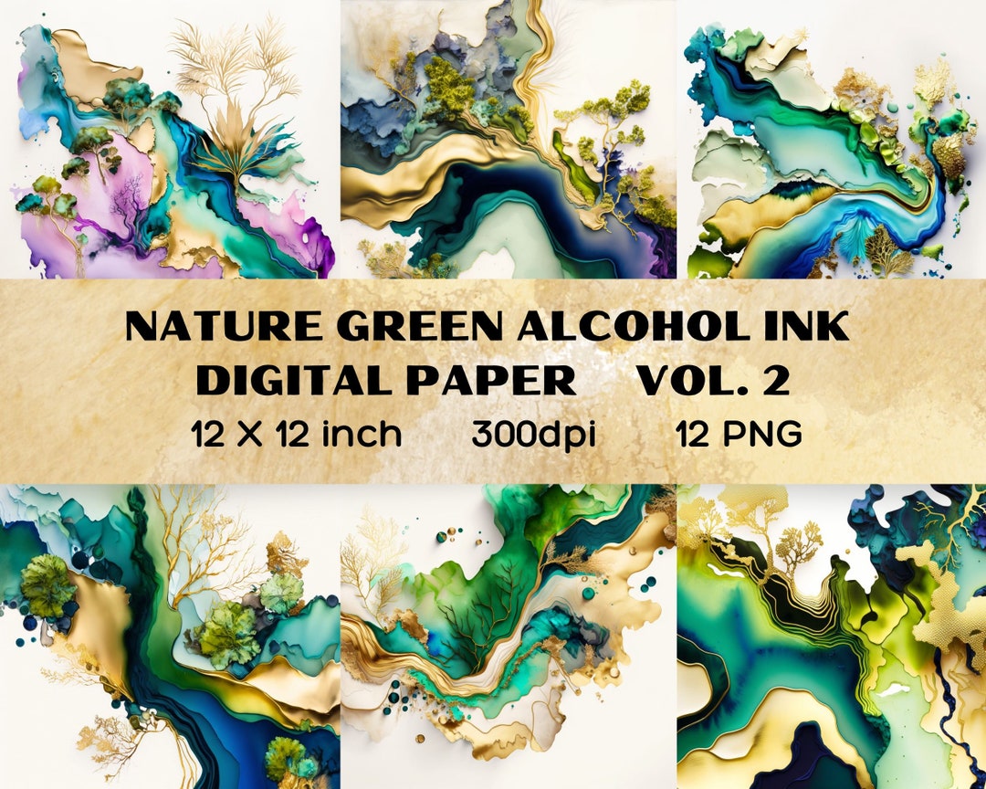 Nature Green Alcohol Ink Digital Paper V2, Gold Glittering Alcohol Ink ...