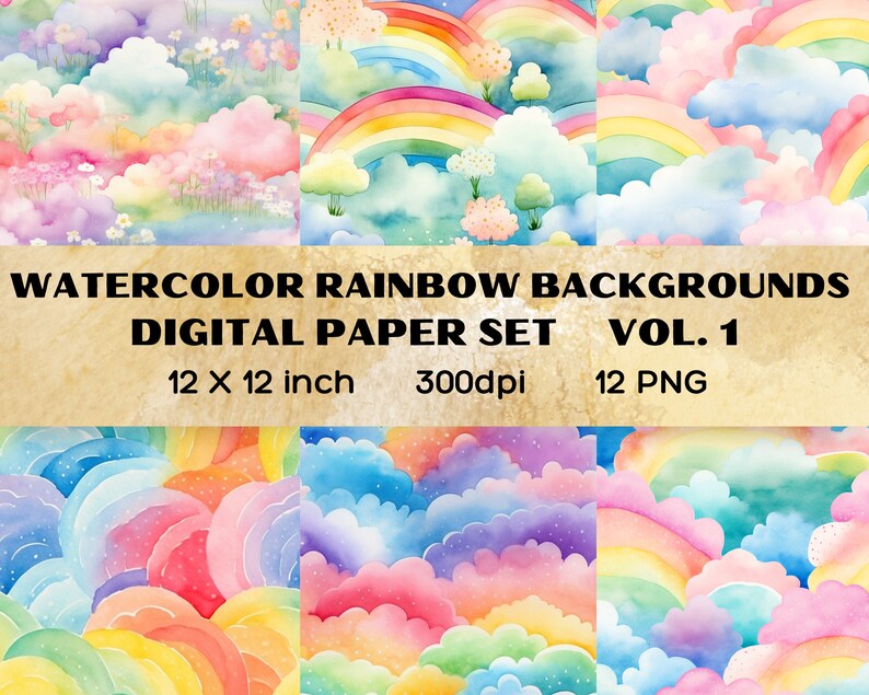 Watercolor Rainbow Digital Paper Set V1, Rainbow Backgrounds, Colorful ...