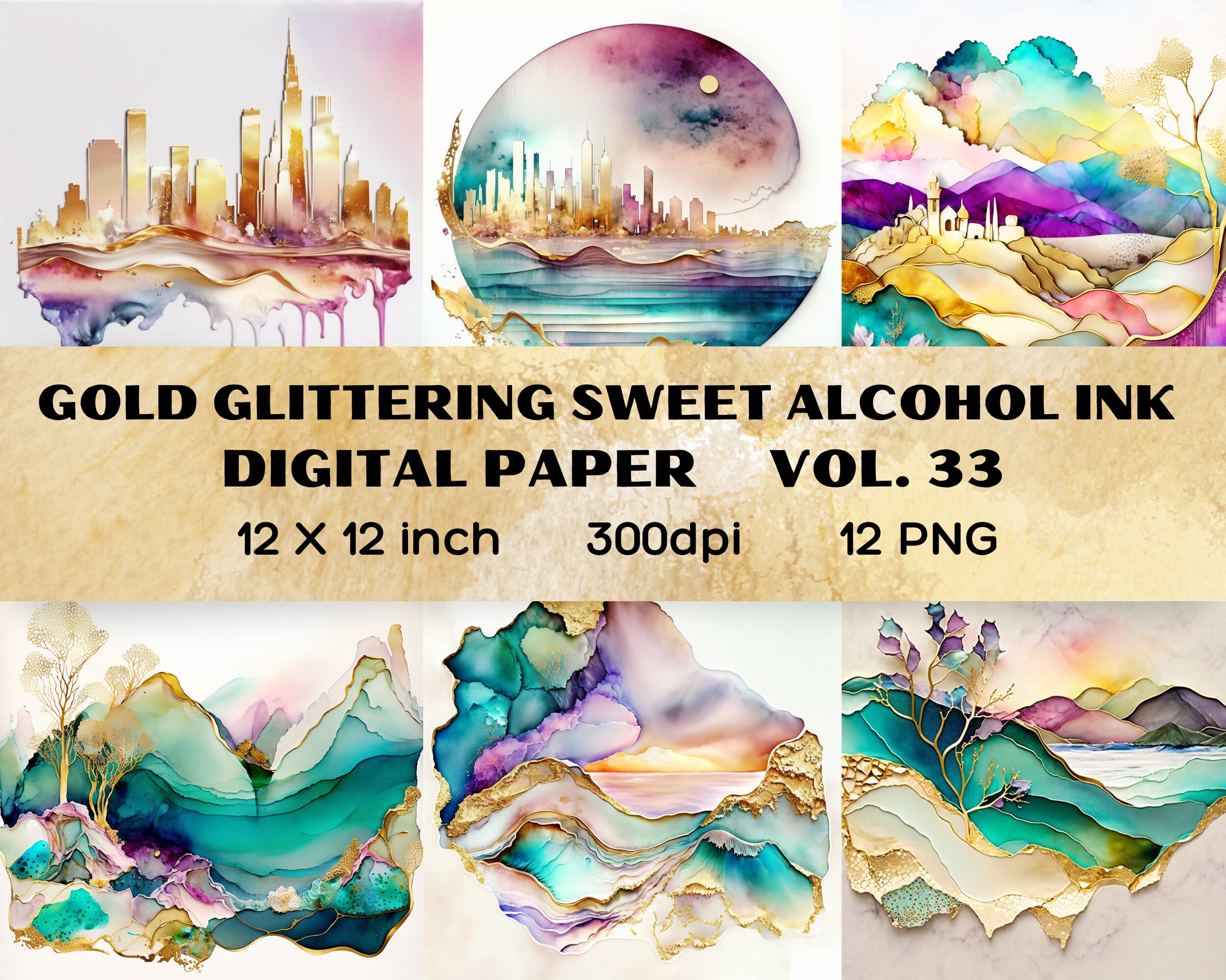 Gold Glittering Sweet Alcohol Ink Digital Paper V34, Alcohol Ink ...