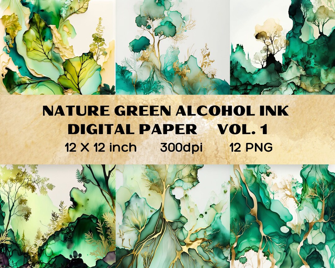 Nature Green Alcohol Ink Digital Paper V1, Gold Glittering Alcohol Ink ...