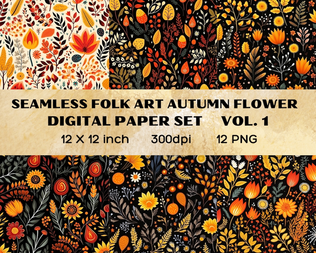 Folk Art, Autumn Flower Backgrounds Set V1, Autumn Floral Patterns ...