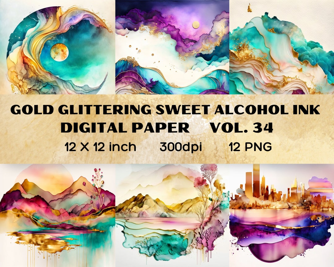 Gold Glittering Sweet Alcohol Ink Digital Paper V34, Alcohol Ink ...