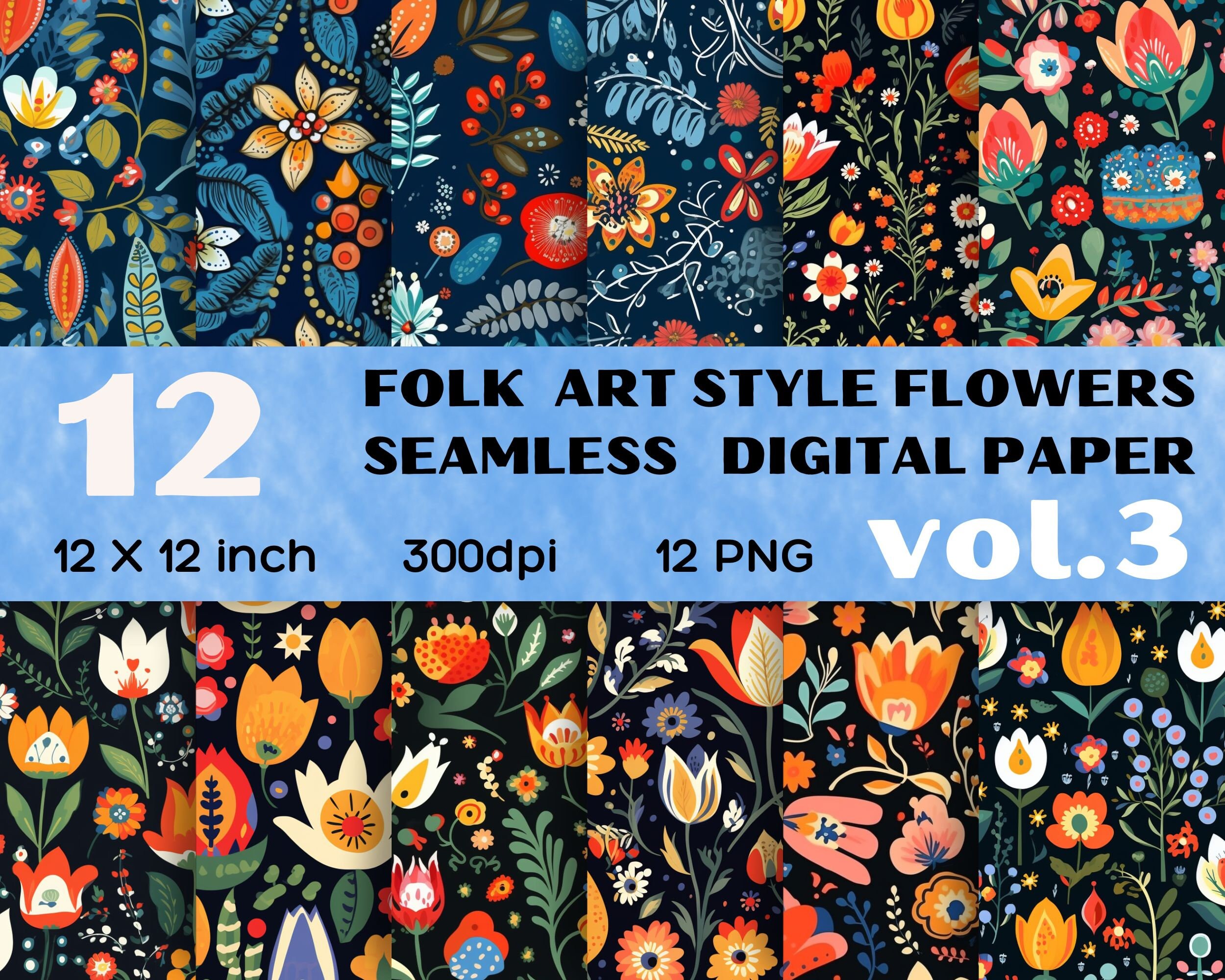 Seamless Folk Art Style Cute Flowers Digital Paper Vol.3- Seamless ...