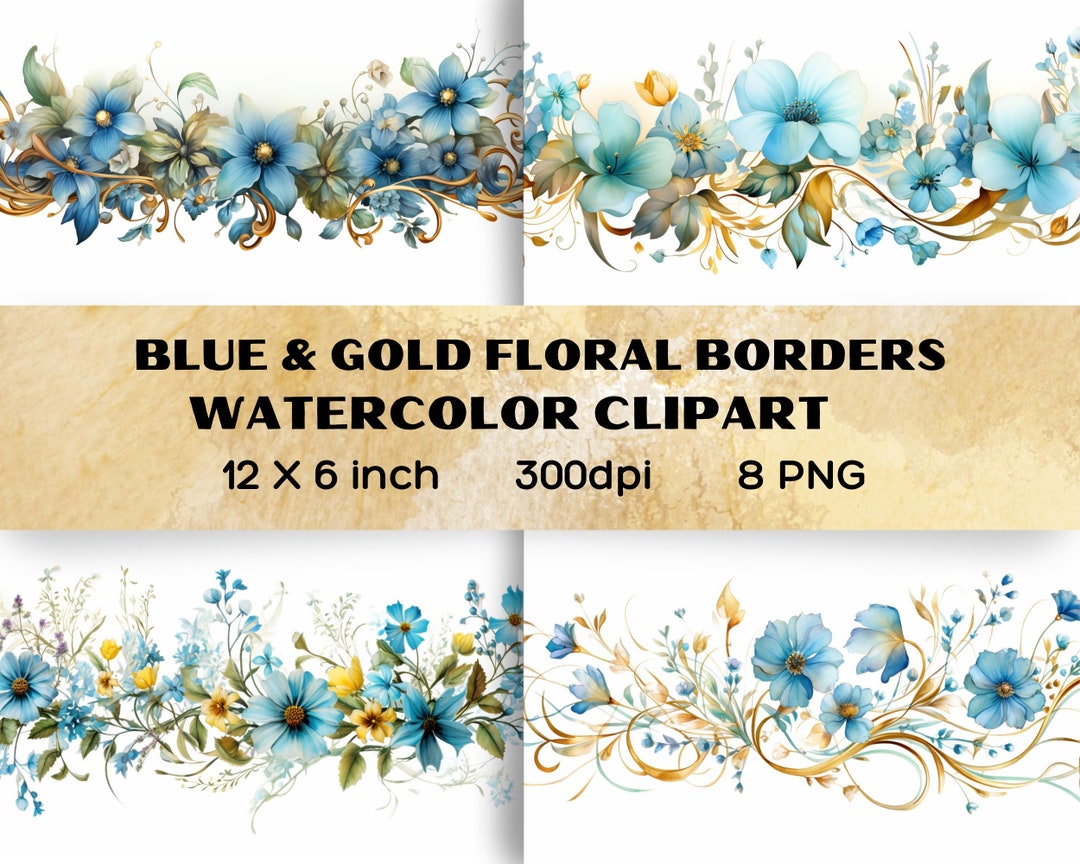 Blue & Gold Watercolor Floral Borders - Wild Floral Borders ...