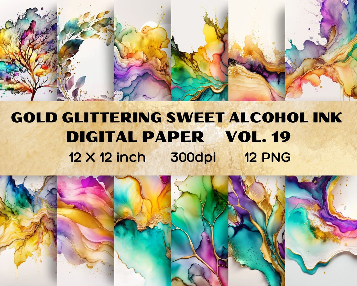 Gold Glittering Sweet Alcohol Ink Digital Paper Vol. 19, Alcohol Ink ...