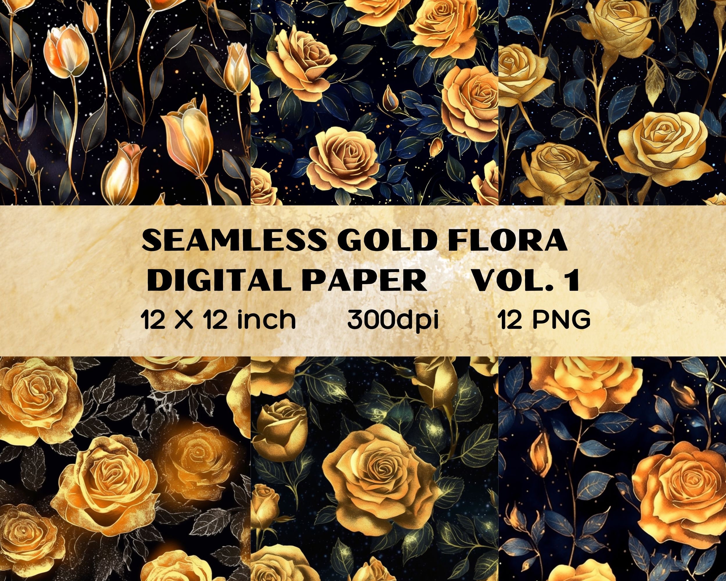 Watercolor Gold Flora Digital Paper, Vol.1,flower Seamless Pattern ...