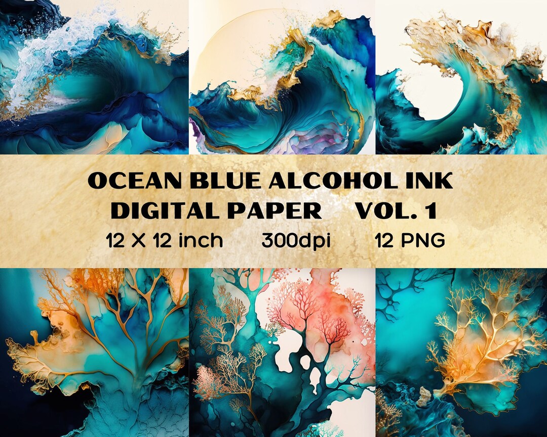 Ocean Blue Alcohol Ink Digital Paper V1, Gold Glittering Alcohol Ink ...