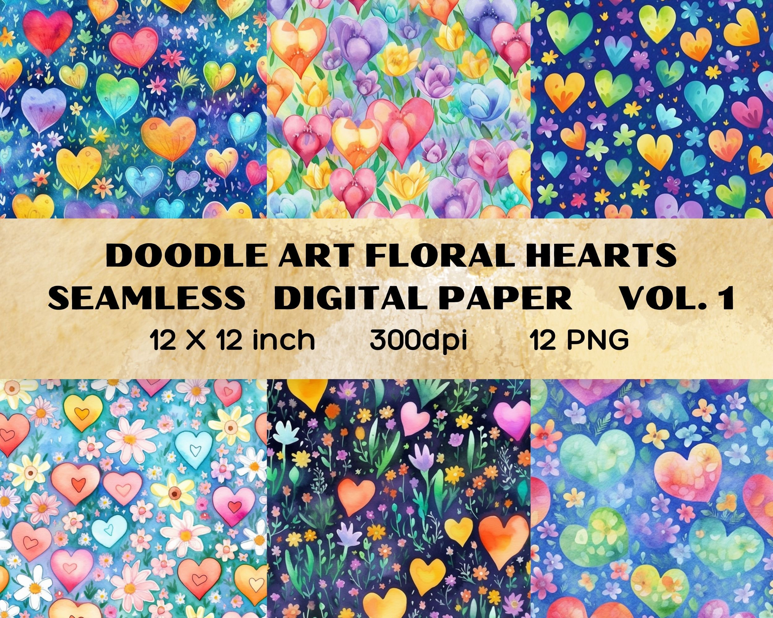 Doodle Art Flower & Hearts Seamless Digital Paper Vol.1, Watercolor ...