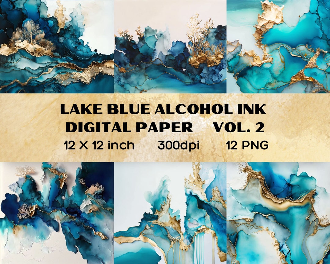 Lake Blue Alcohol Ink Digital Paper V2, Gold Glittering Alcohol Ink ...