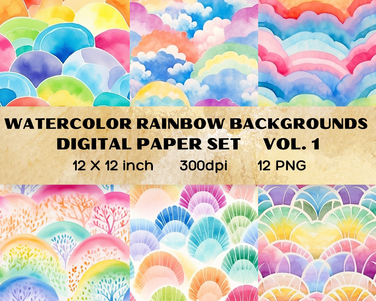 Watercolor Rainbow Digital Paper Set V1, Rainbow Backgrounds, Colorful ...