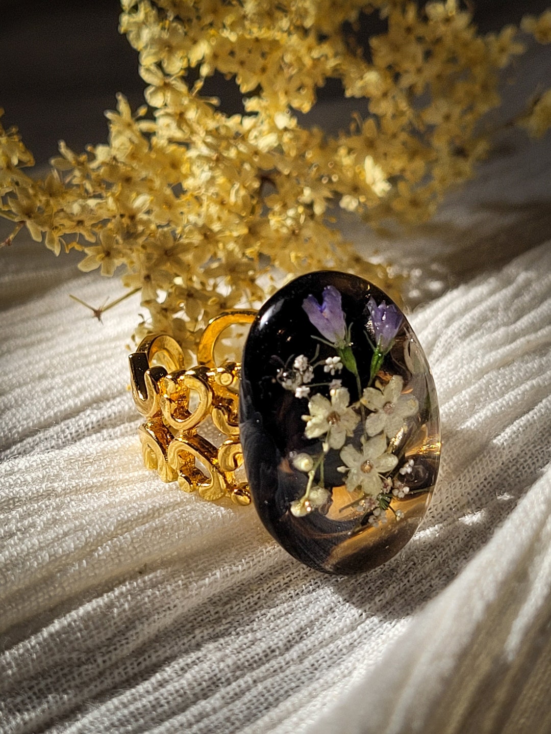 Pressed Flower Cottagecore Ring Real Flower Resin Gold Statement Ring ...
