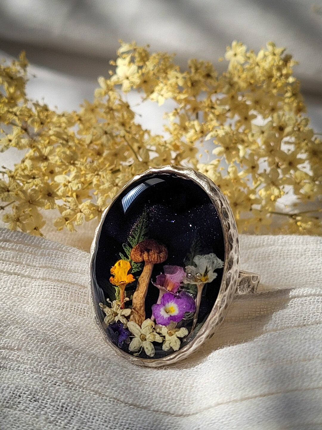 Real Mushroom Ring, Pressed Flower Ring With A Hand Painted Galaxy Starry Sky Set in Eco Resin ...
