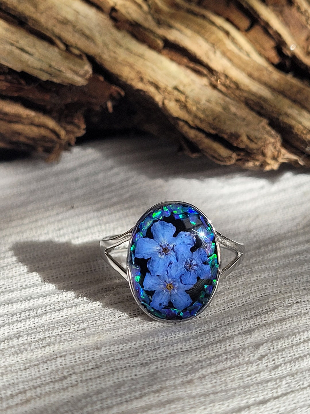 Blue Opal and Pressed Flower Ring | Adjustable Sterling Silver and Resin - Etsy