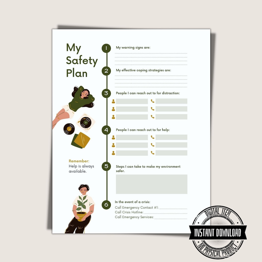 Safety Plan Safety Planner Printable Mental Health Self Help Emergency ...