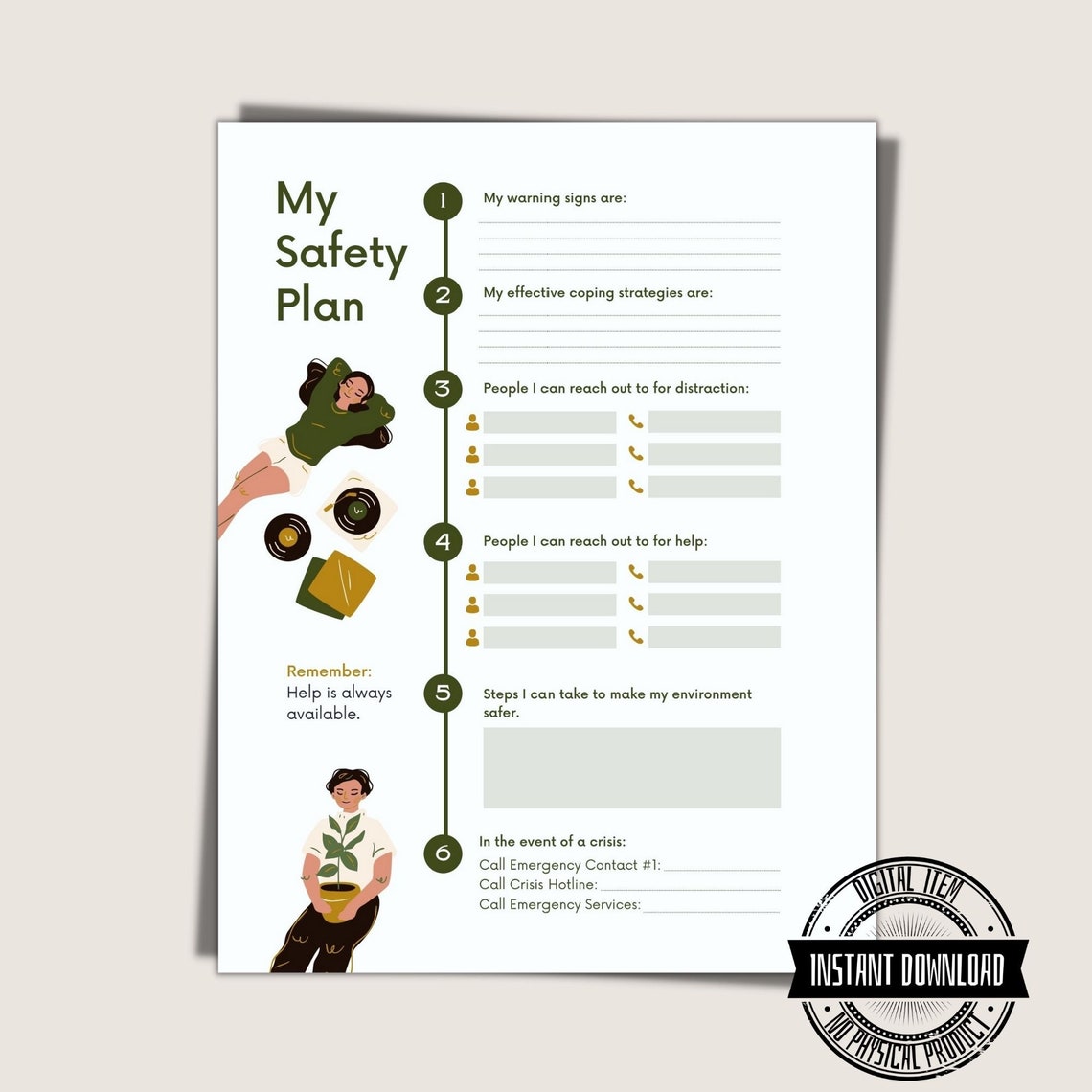 Safety Plan Safety Planner Printable Mental Health Self Help Emergency ...