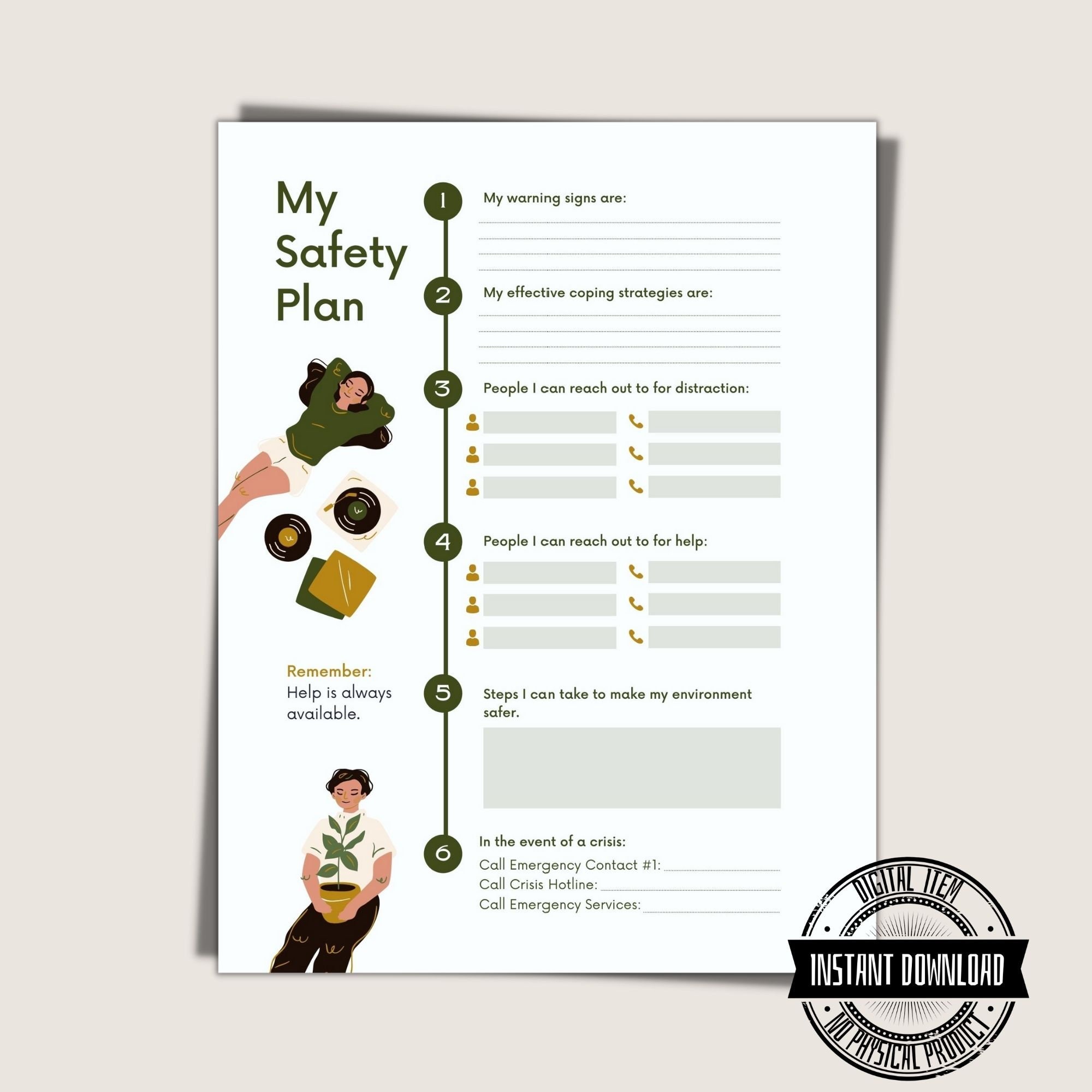 Safety Plan Safety Planner Printable Mental Health Self Help Emergency ...