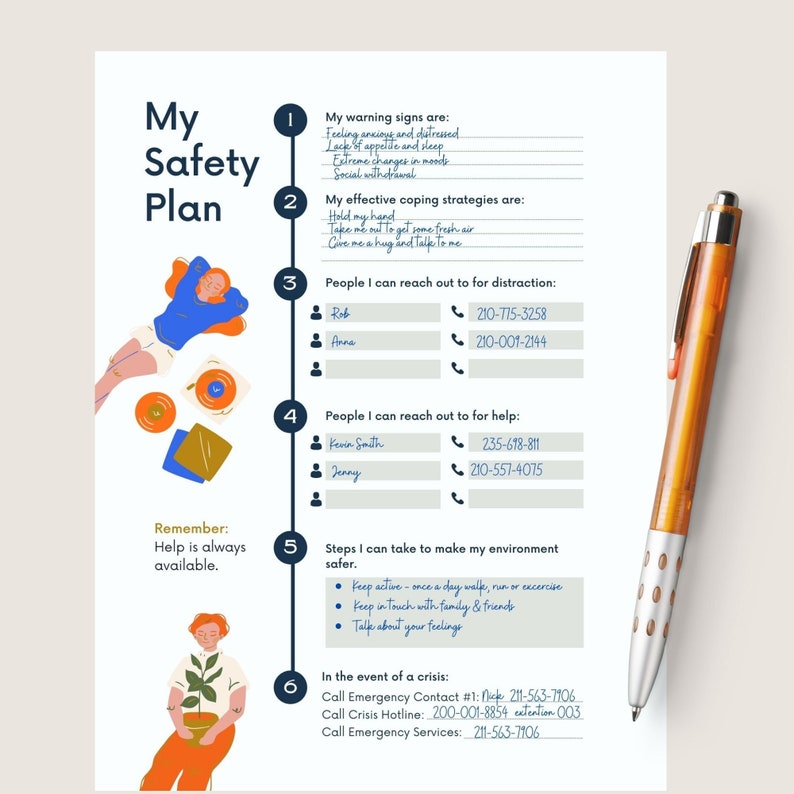 Safety Plan Safety Planner Printable Mental Health Self Help Emergency ...