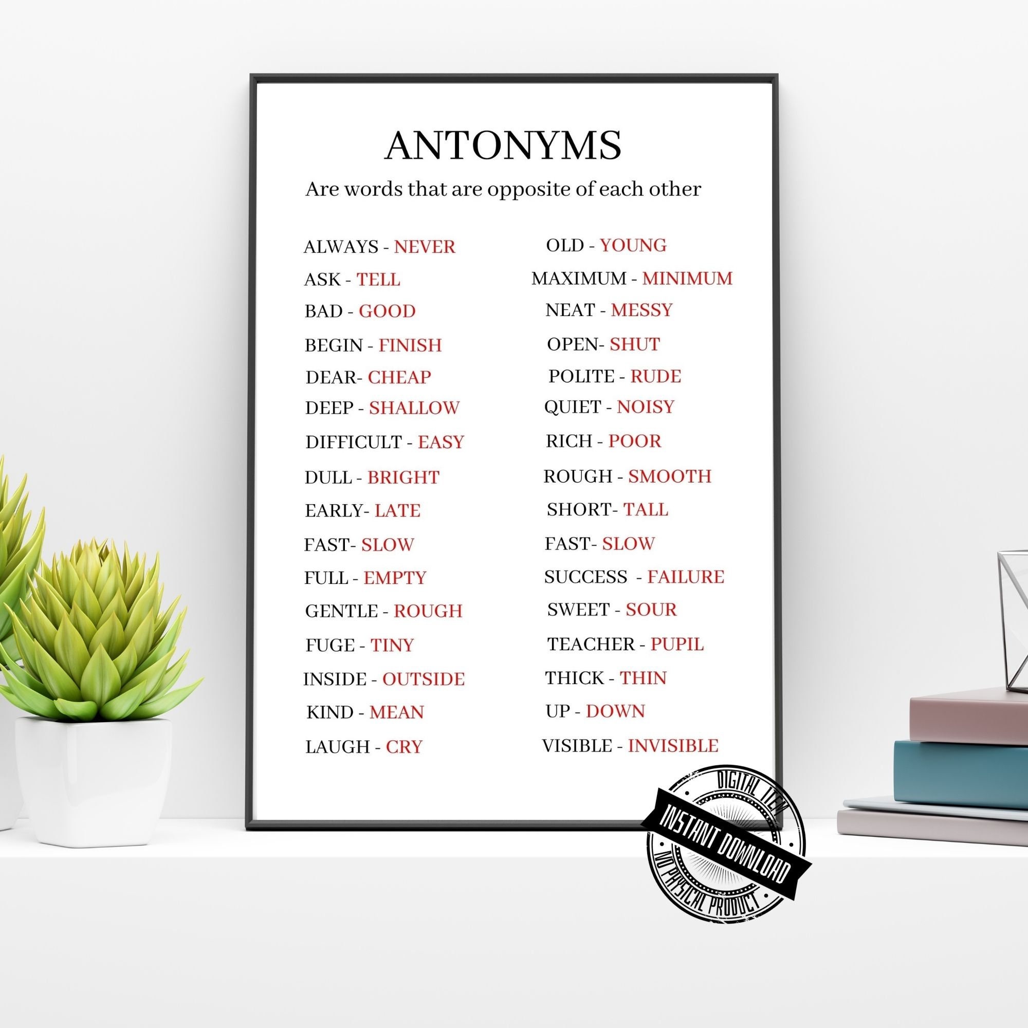 Antonyms Grammar Poster Montessori Home Schooling Classroom Educational ...