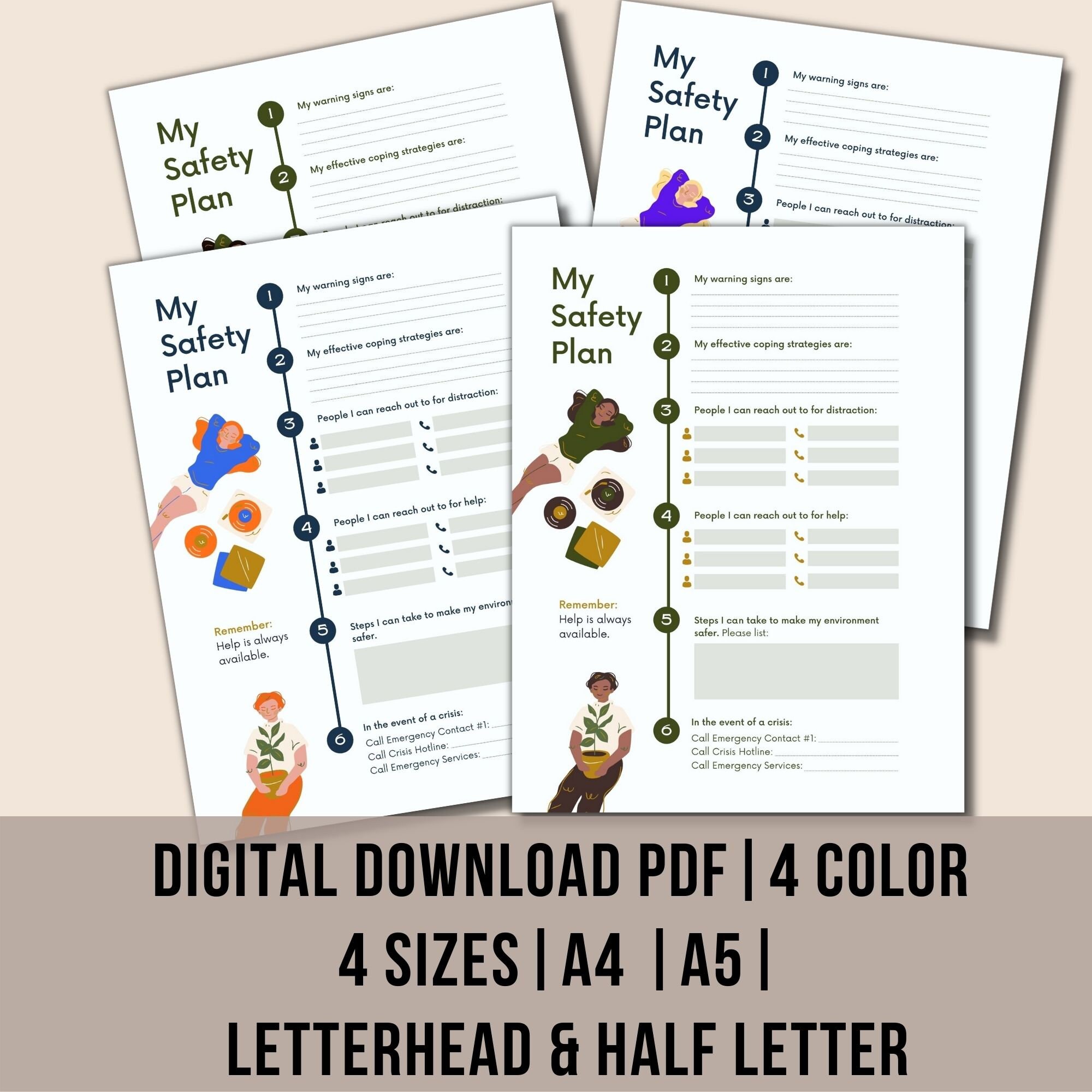 Safety Plan Safety Planner Printable Mental Health Self Help Emergency ...