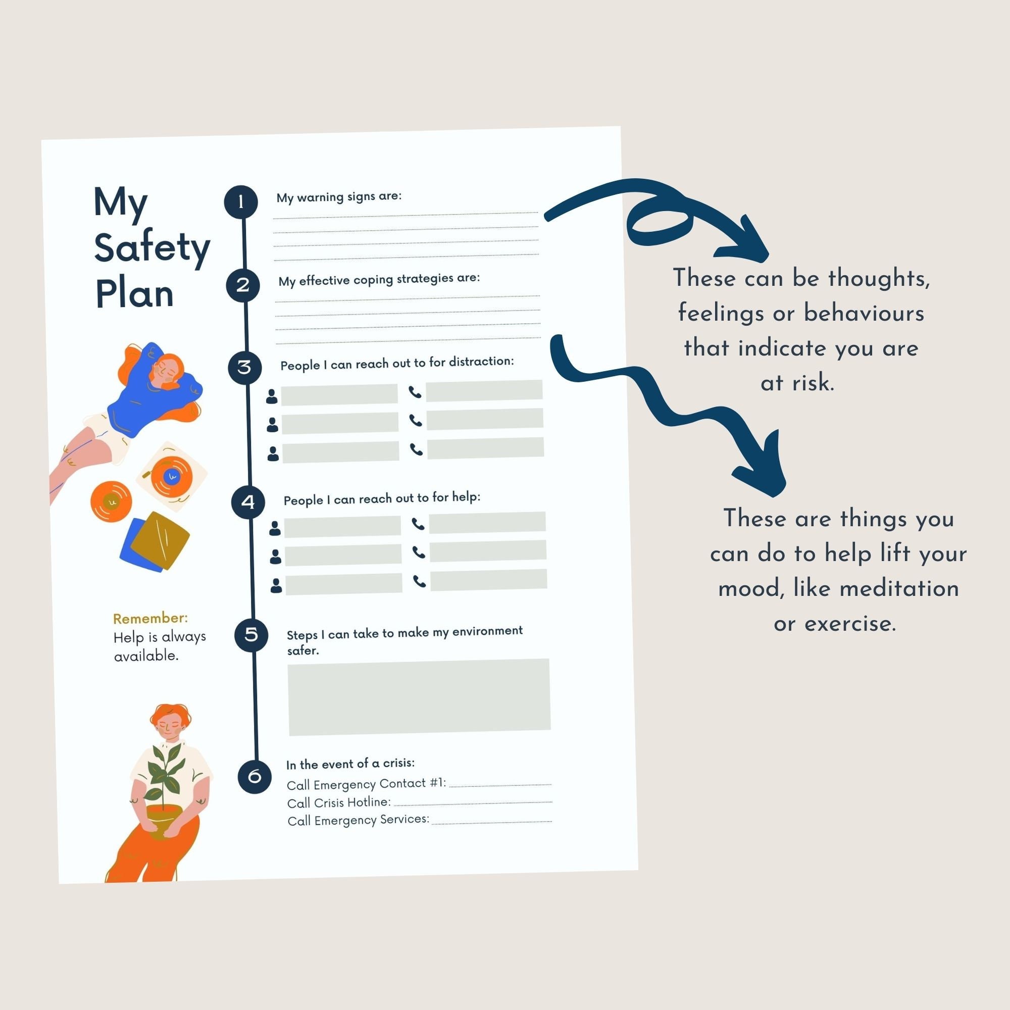 Safety Plan Safety Planner Printable Mental Health Self Help Emergency ...